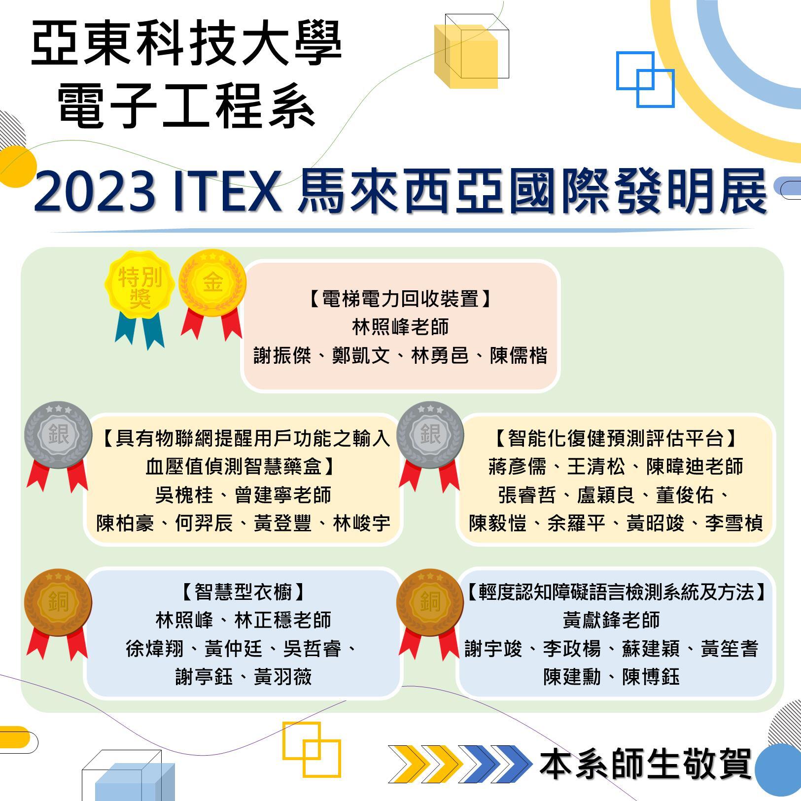 【賀】亞東電子工程系榮獲「 2023馬來西亞ITEX國際發明展」1金2銀2銅1特別獎